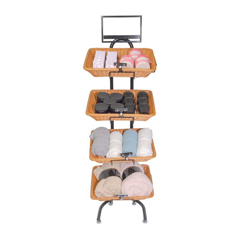 4 Tiered Rectangle Basket Display Stand with Sign Holder | shopPOPdisplays