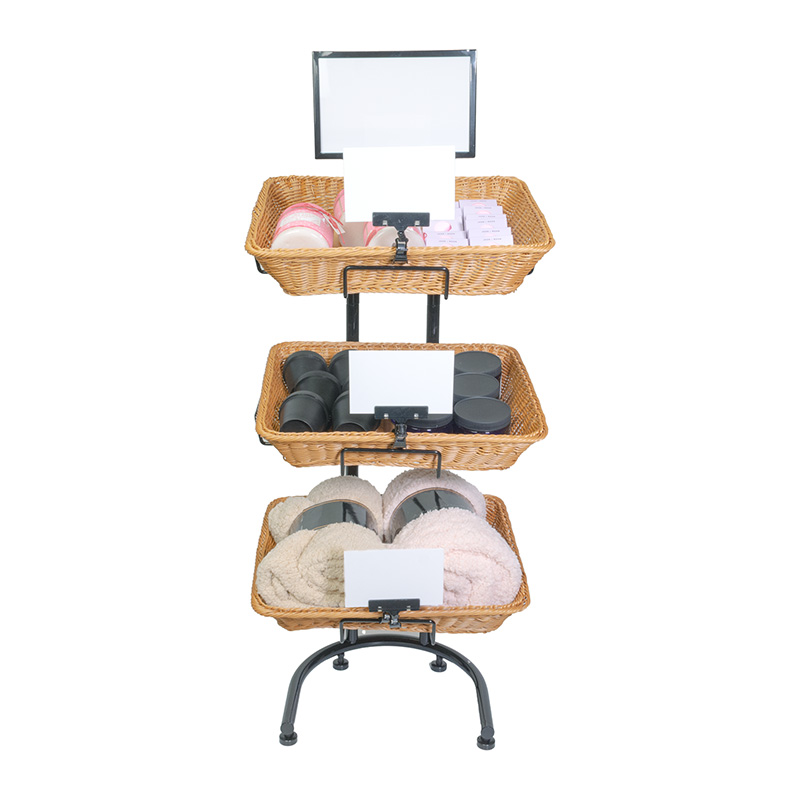 3 Tiered Rectangle Basket Display Stand with Sign Holder | shopPOPdisplays