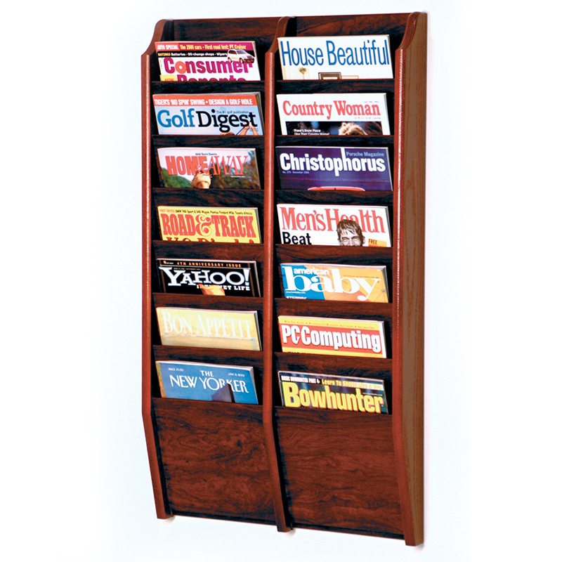 Mahogany Wall Mount 14 Pocket Vertical Magazine Rack | shopPOPdisplays
